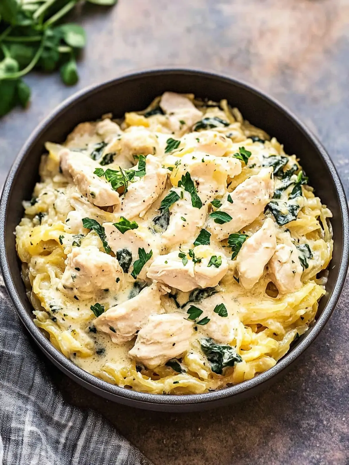 Irresistible Chicken and Spinach Spaghetti Squash Alfredo