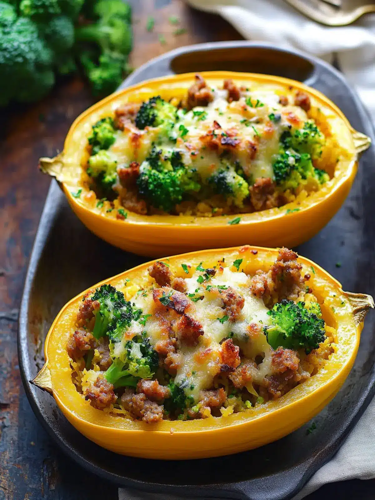 Ultimate Stuffed Spaghetti Squash with Broccoli, Sausage, and Cheddar