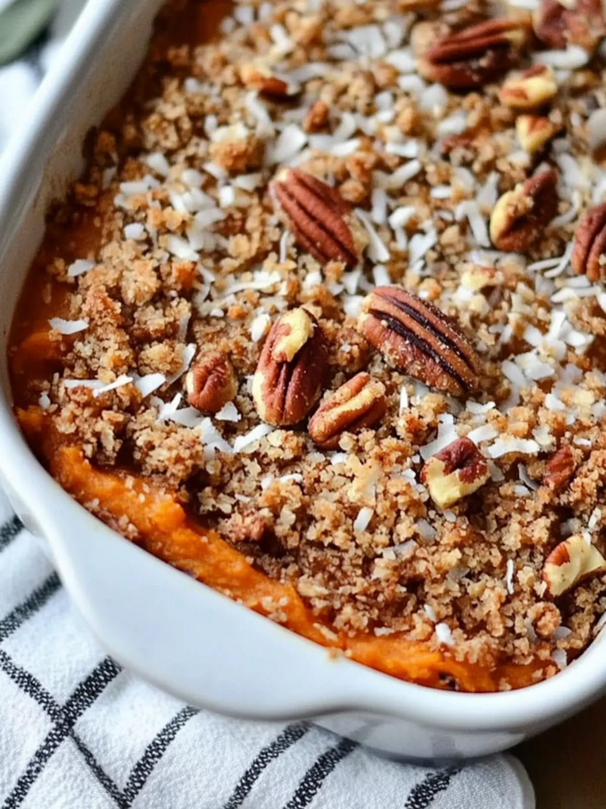 Irresistible Sweet Potato Casserole with Coconut and Pecan Crumble