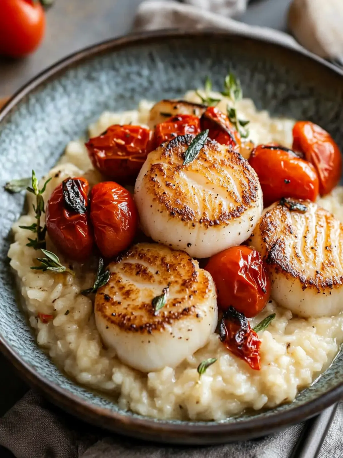 Irresistible Seared Scallops with Truffle Risotto & Roasted Tomatoes