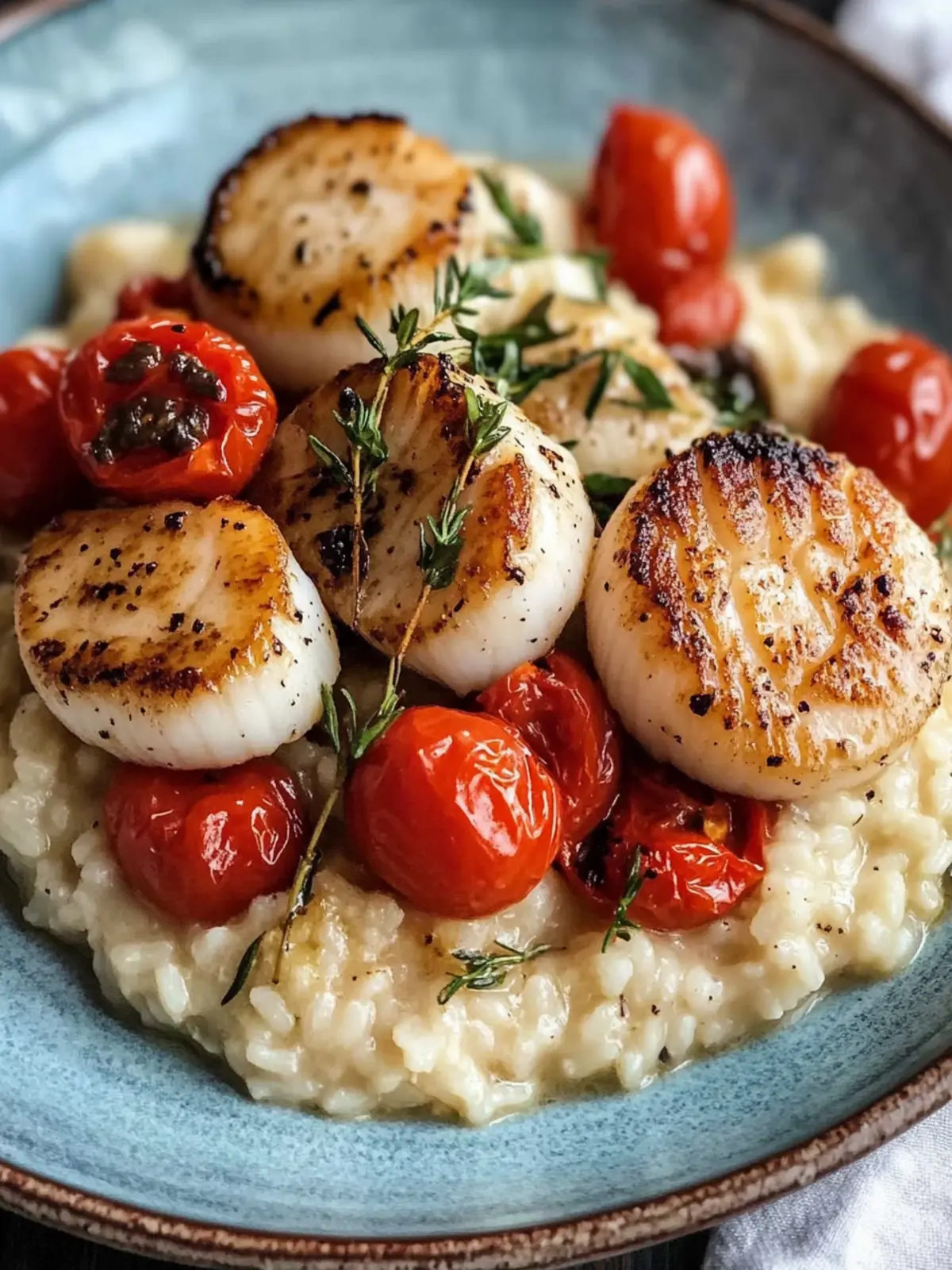 Irresistible Seared Scallops with Truffle Risotto & Roasted Tomatoes